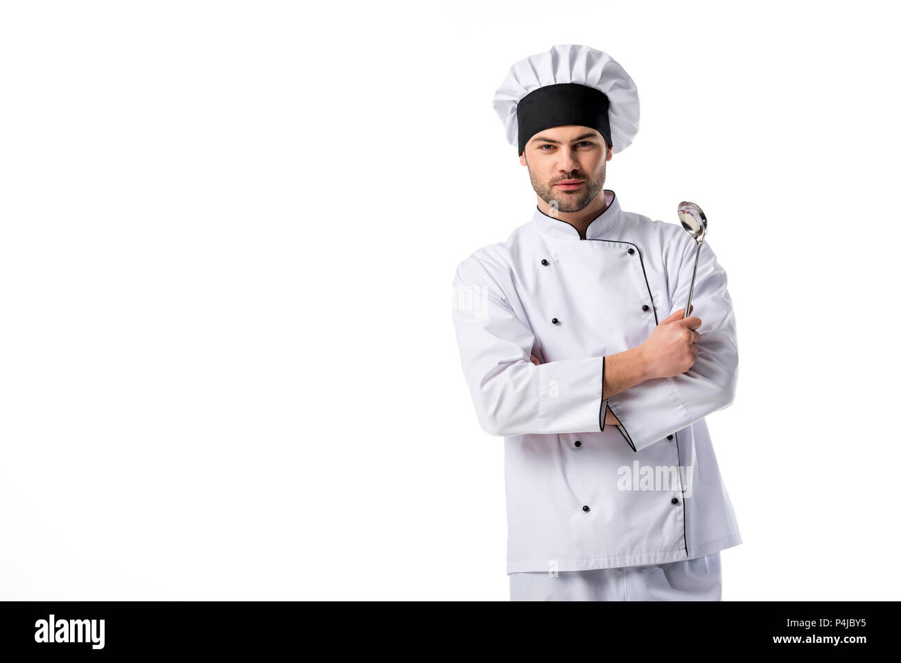 portrait of chef with soup ladle in hand isolated on white Stock Photo ...
