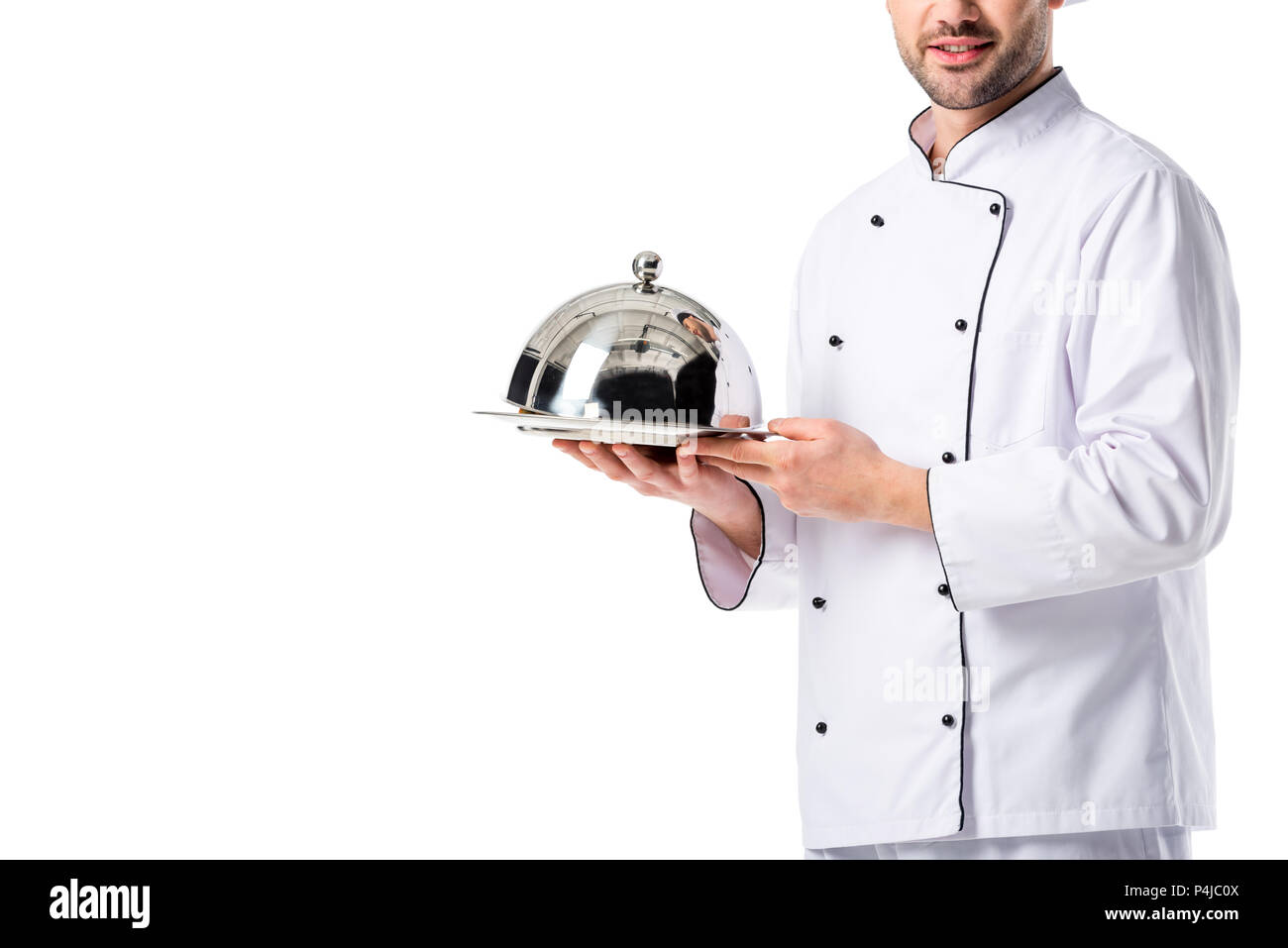 partial view of chef with serving tray isolated on white Stock Photo ...