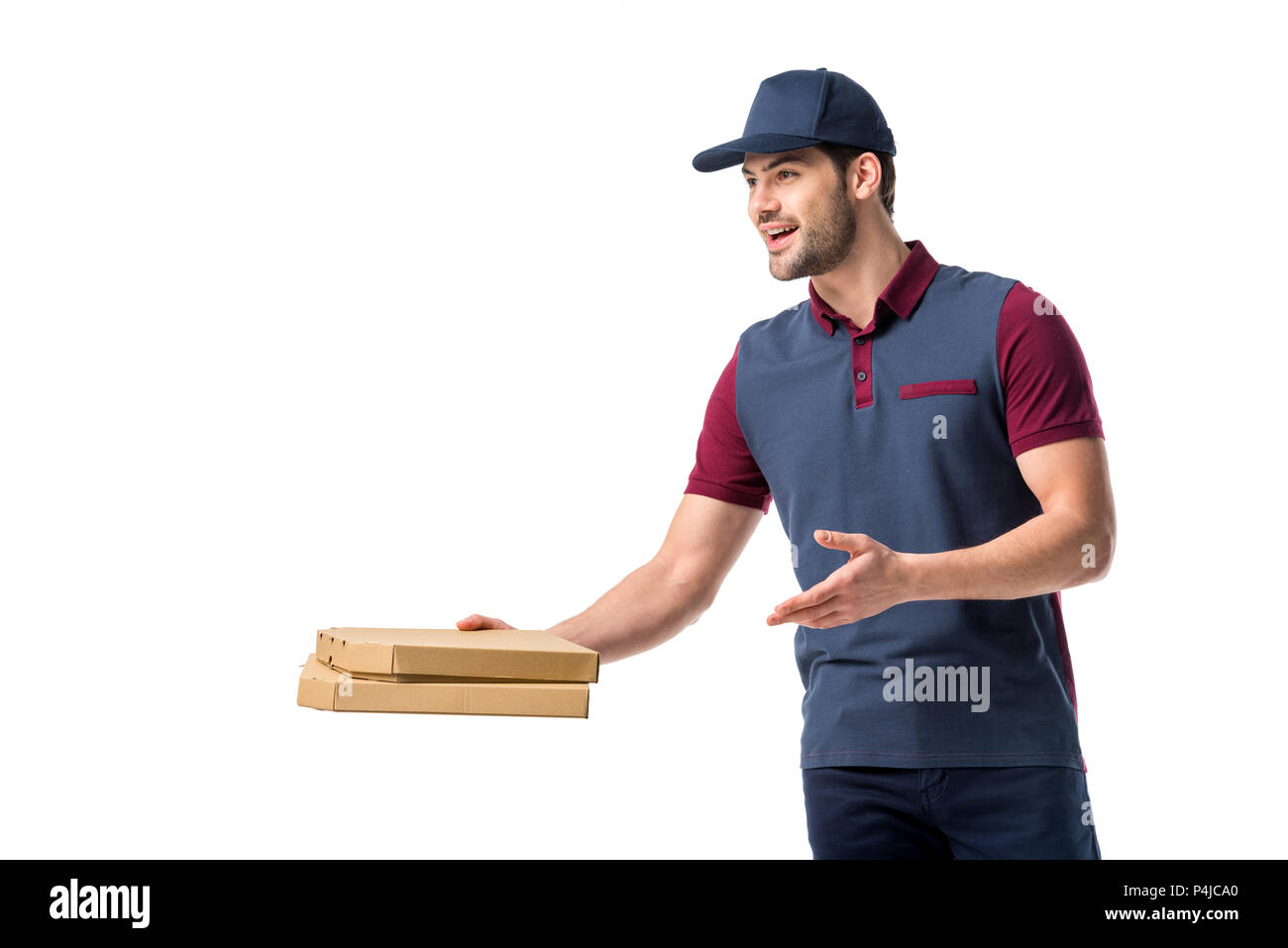 smiling delivery man with cardboard pizza boxes isolated on white Stock ...