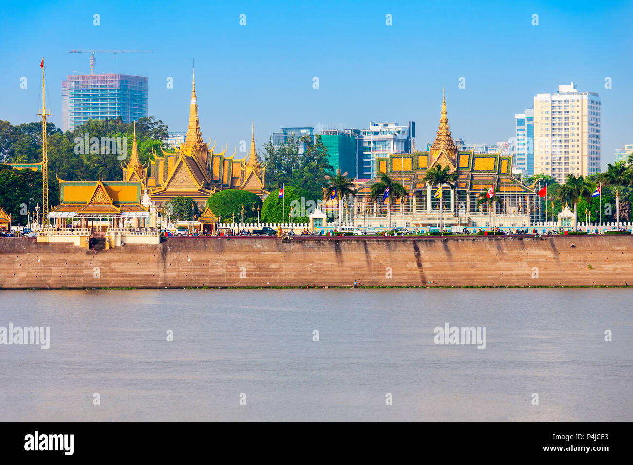 Phnom Penh city skyline and Tonle Sap River. Phnom Penh is the capital ...