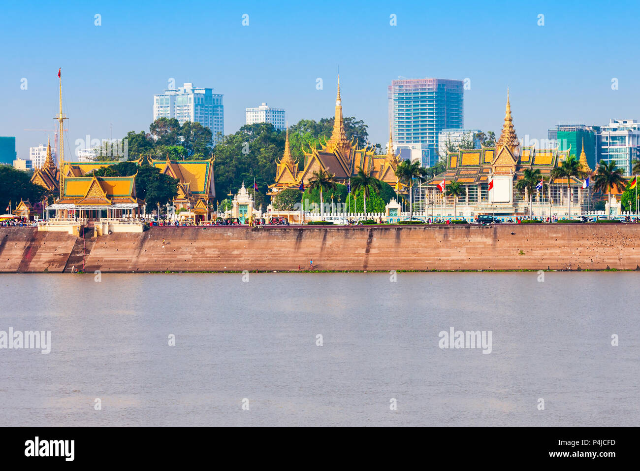 Phnom Penh city skyline and Tonle Sap River. Phnom Penh is the capital ...