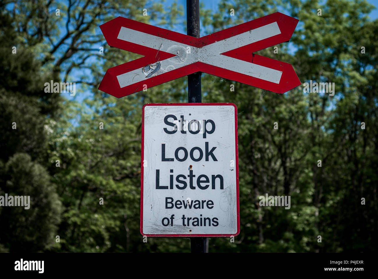 stop look listen signpost Stock Photo - Alamy
