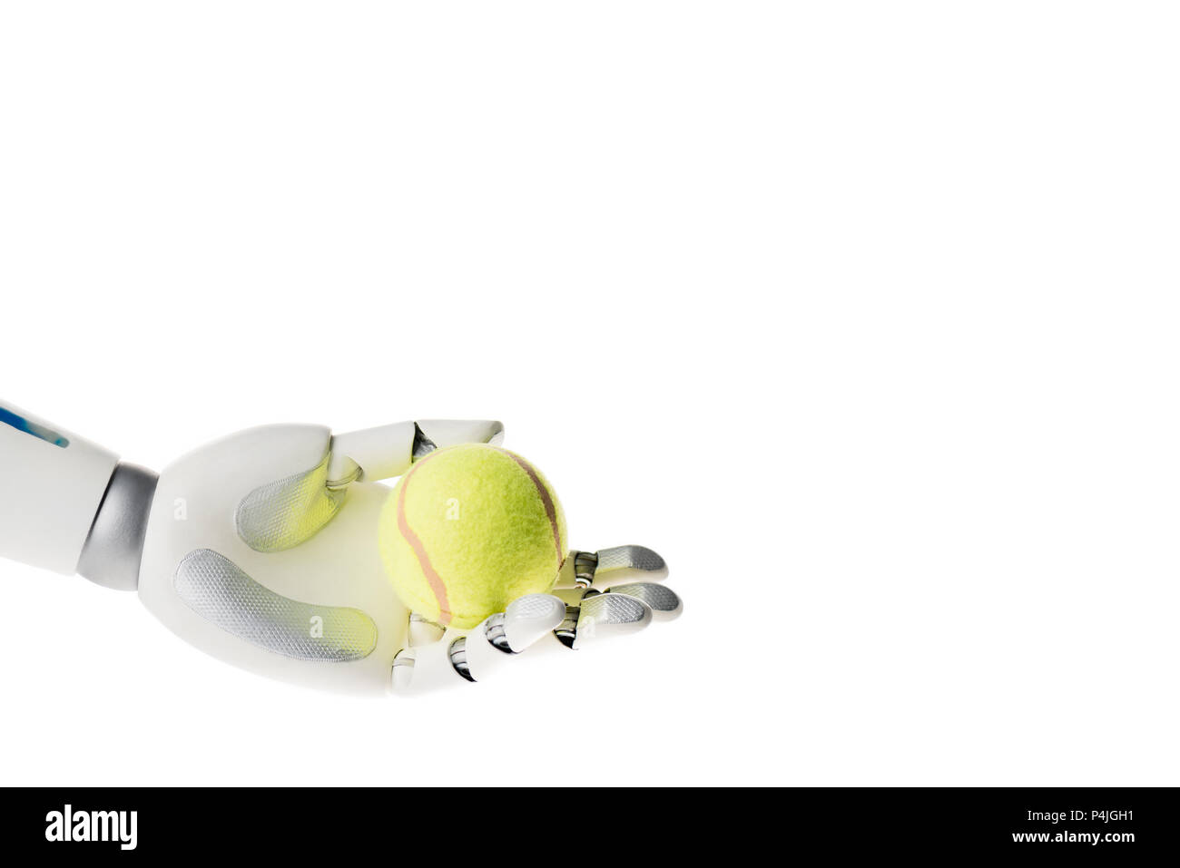 robot hand holding yellow tennis ball isolated on white Stock Photo - Alamy