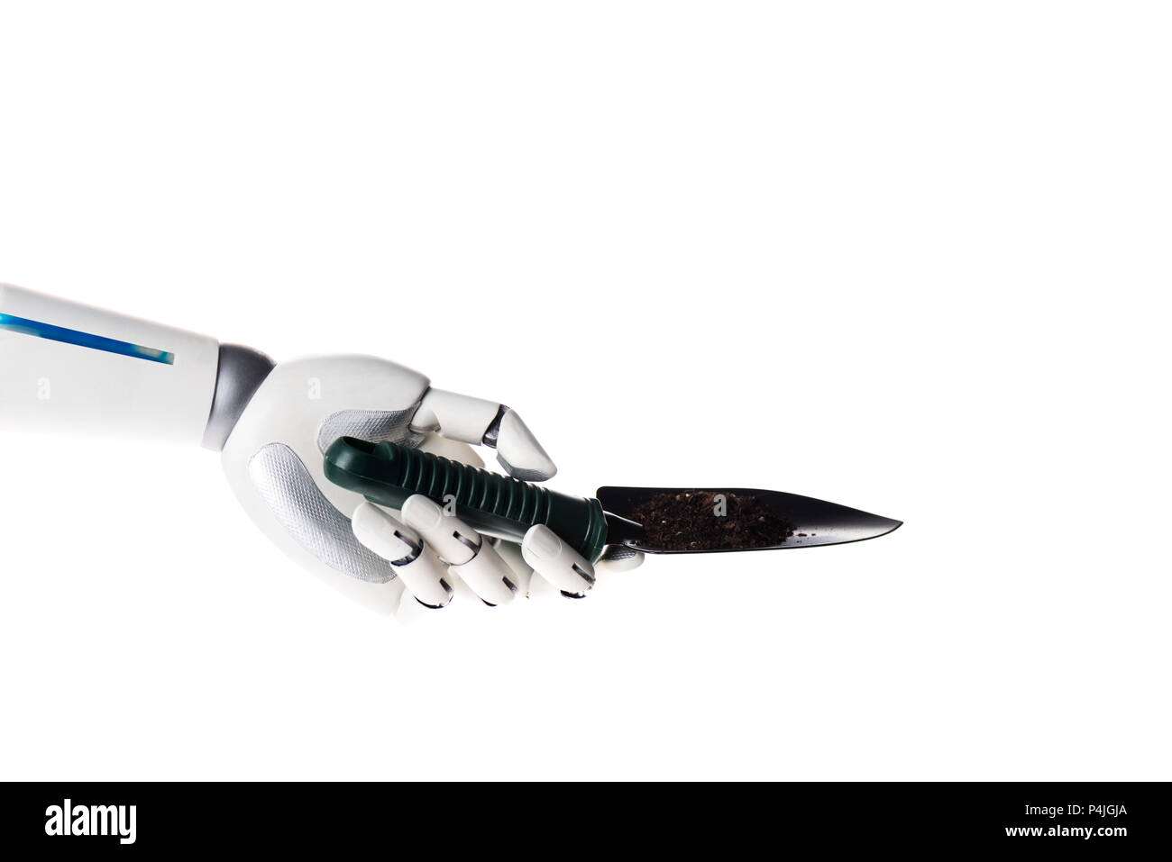 robot hand holding garden shovel isolated on white Stock Photo - Alamy
