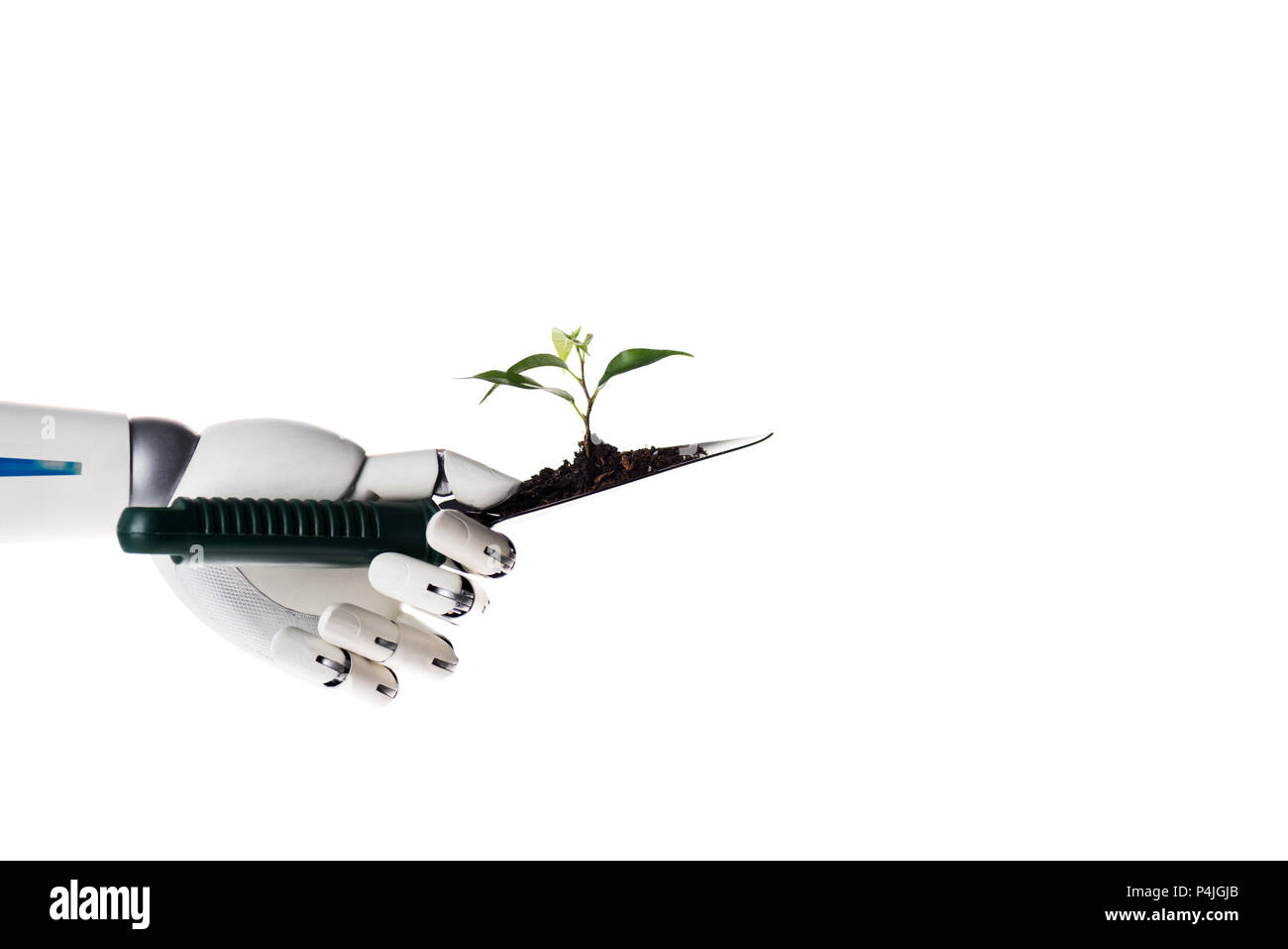 robot hand holding garden shovel with soil and green plant isolated on ...