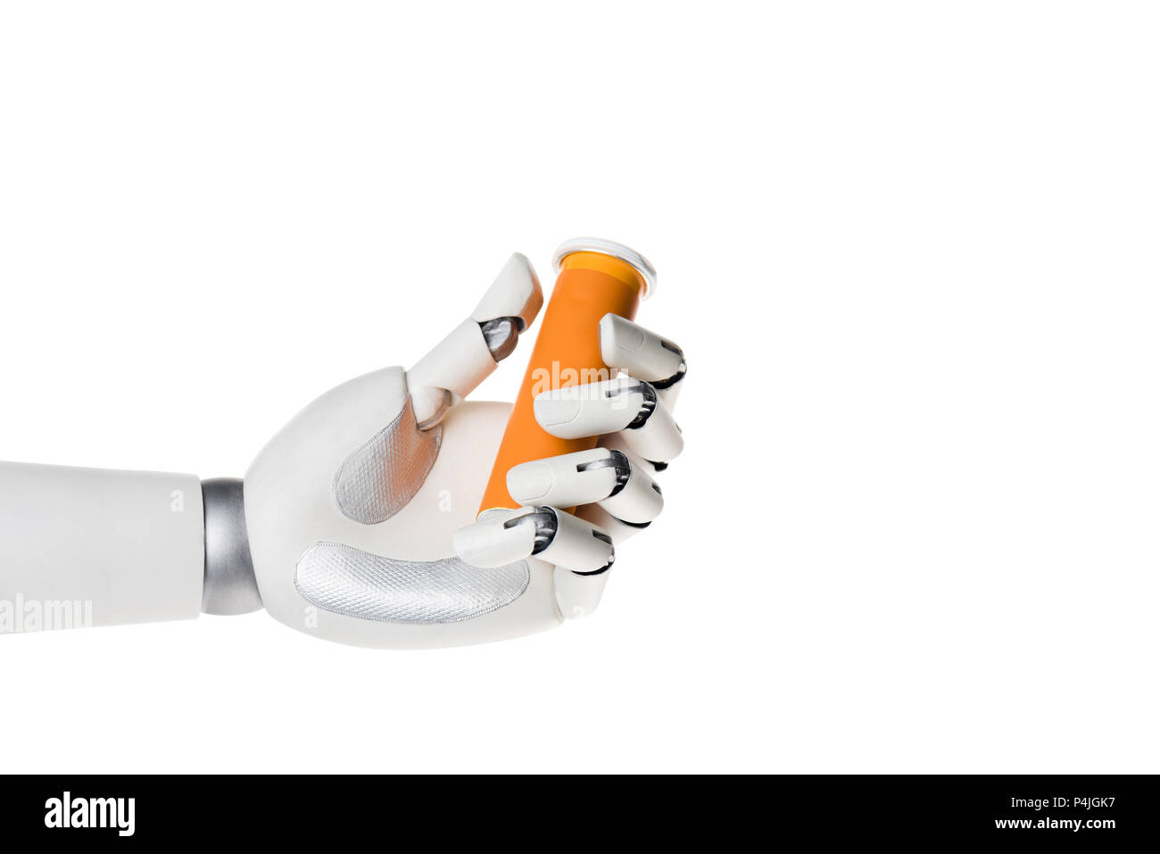 robot hand holding bottle of pills isolated on white Stock Photo - Alamy
