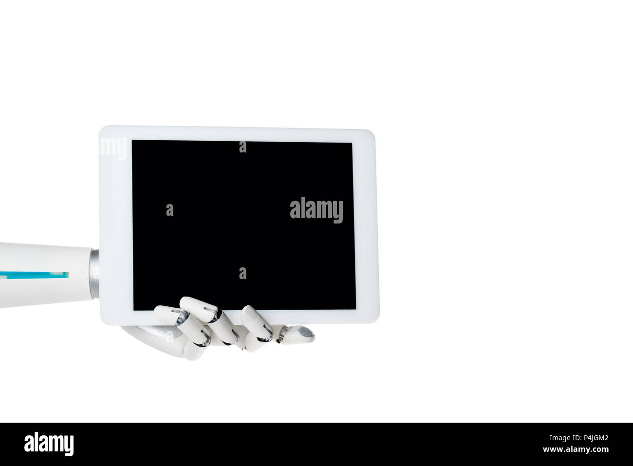 robot hand holding tablet with blank screen isolated on white Stock ...