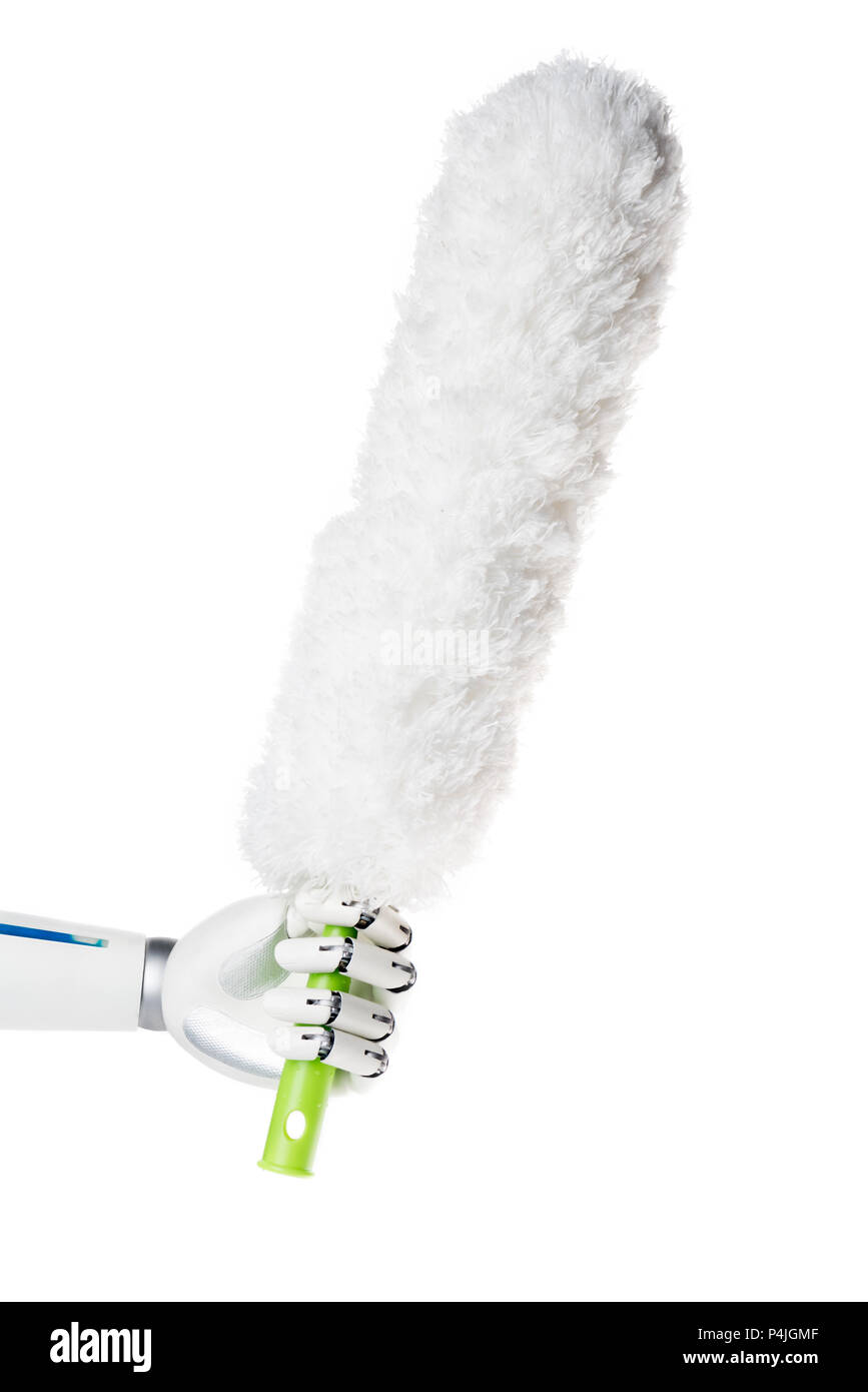 robot hand holding dust brush for cleaning isolated on white Stock ...
