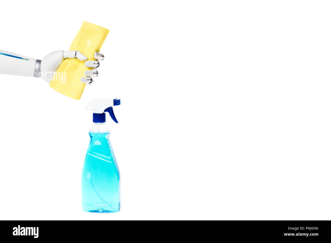 robot hand holding rag above spray bottle for cleaning isolated on ...