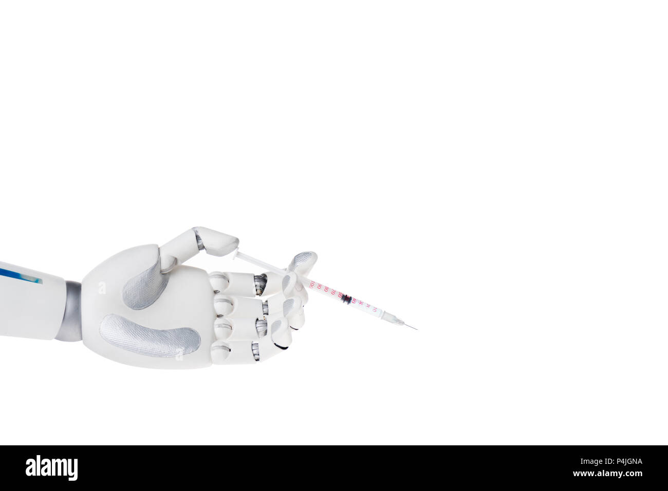 robot hand holding syringe with medicines isolated on white Stock Photo ...