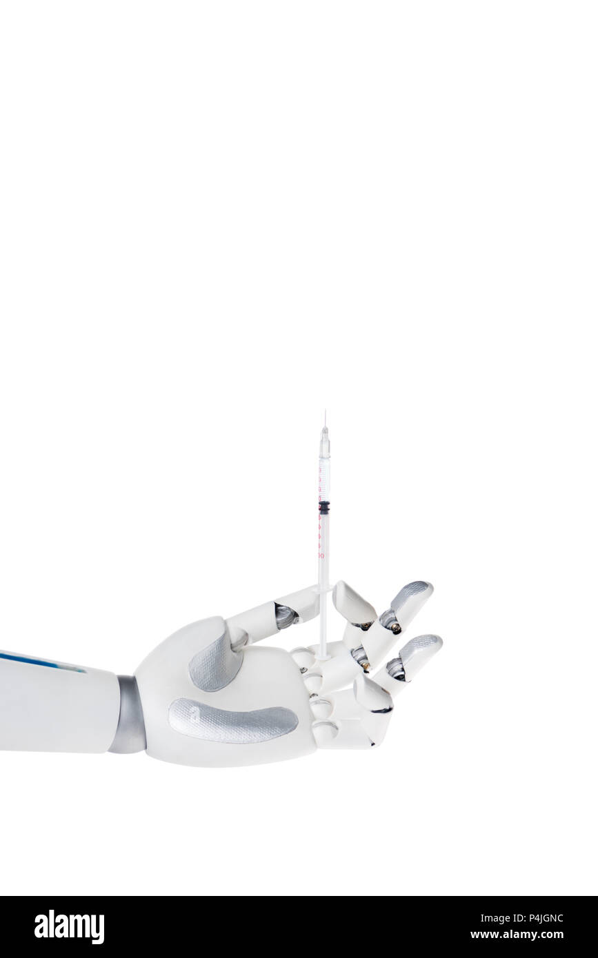 robot hand holding syringe for injection isolated on white Stock Photo ...