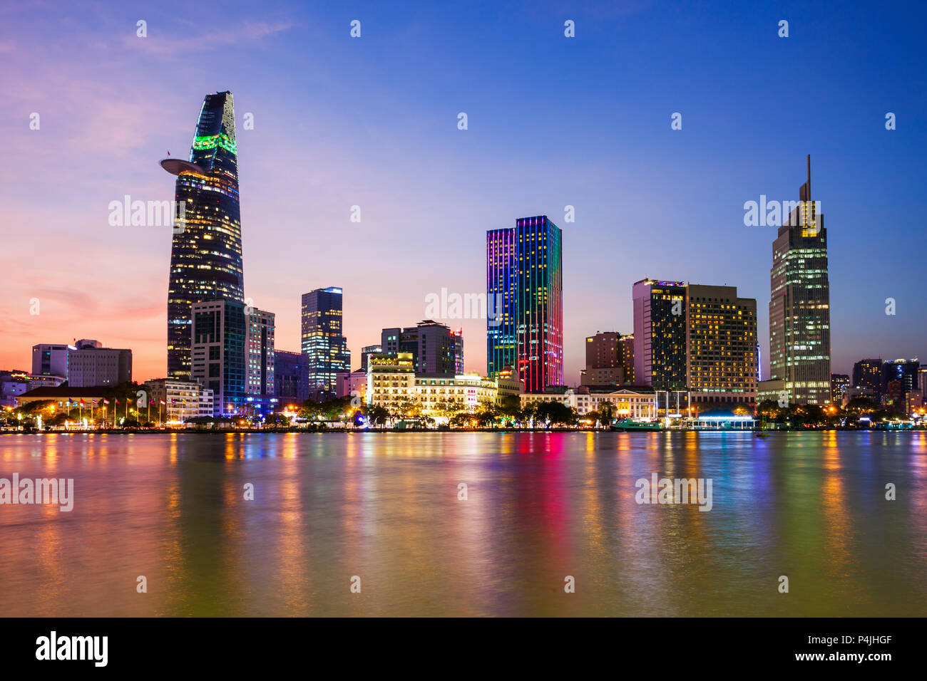 Ho Chi Minh city skyline aerial panoramic view at night. Ho Chi Minh is ...