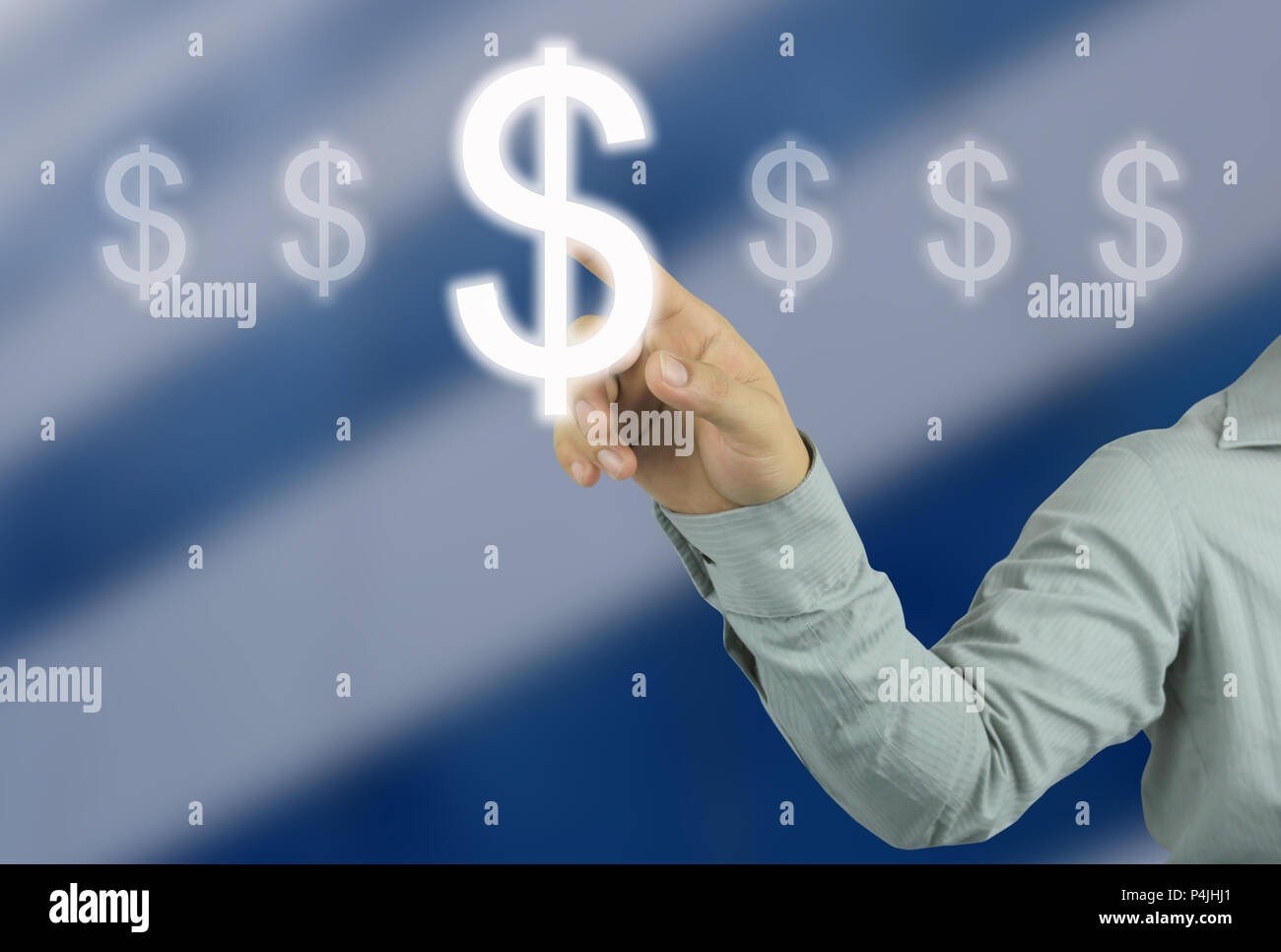 businessman hand pointing to Symbol money of Dollar in your work ...
