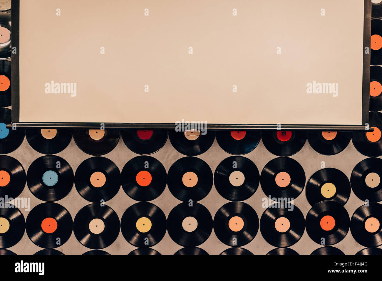 top view of background made from vinyl records and blank frame Stock ...