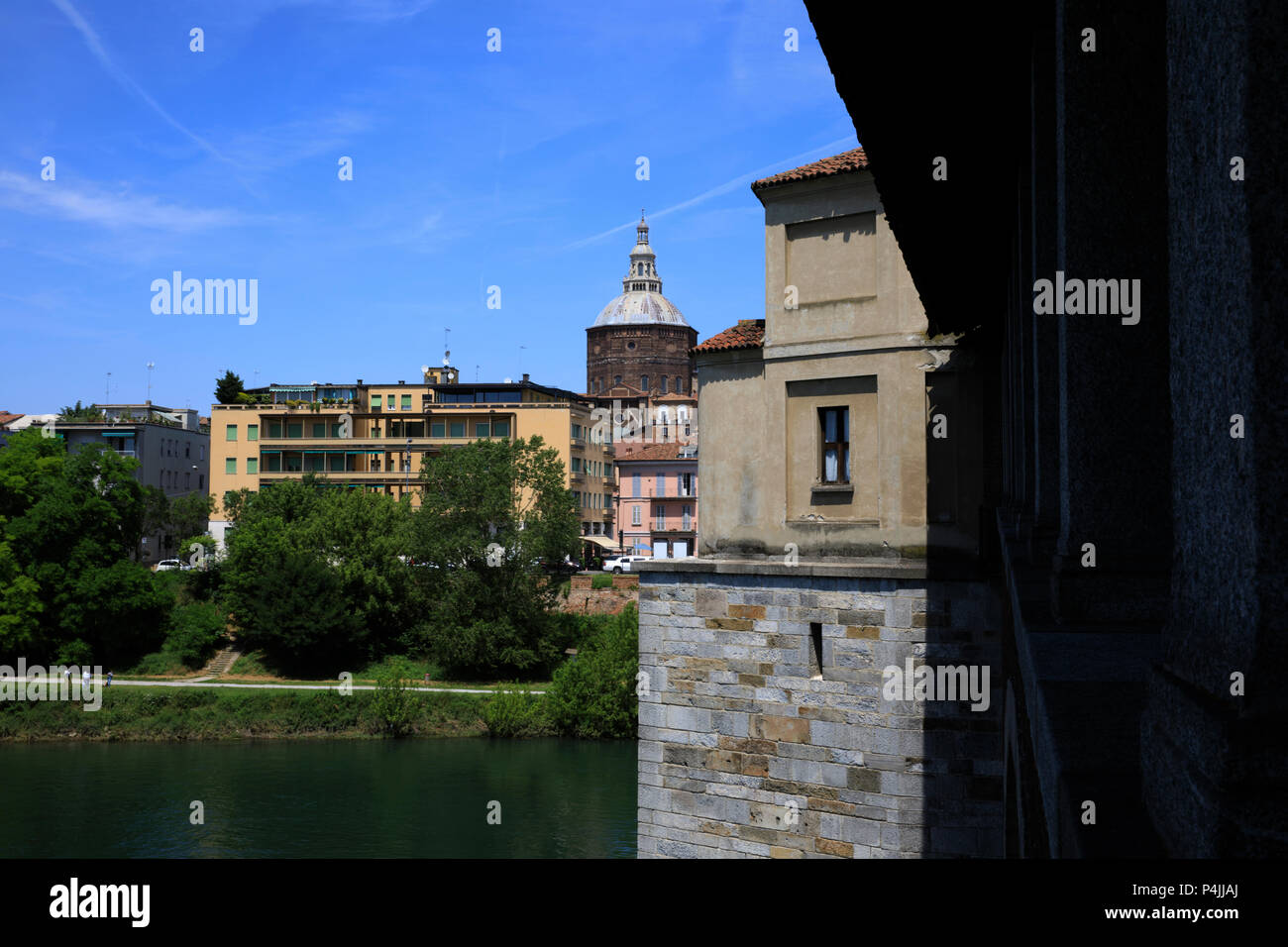 The view from The Ponte Coperto (covered bridge), Pavia, Lombardy ...