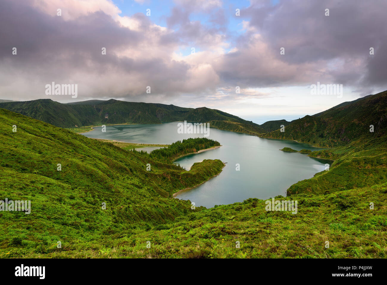 Panoramic landscape from Azores lagoons. The Azores archipelago has ...