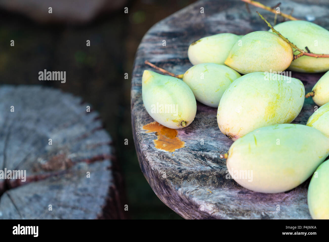 Many fresh green mango on wood table background Stock Photo - Alamy