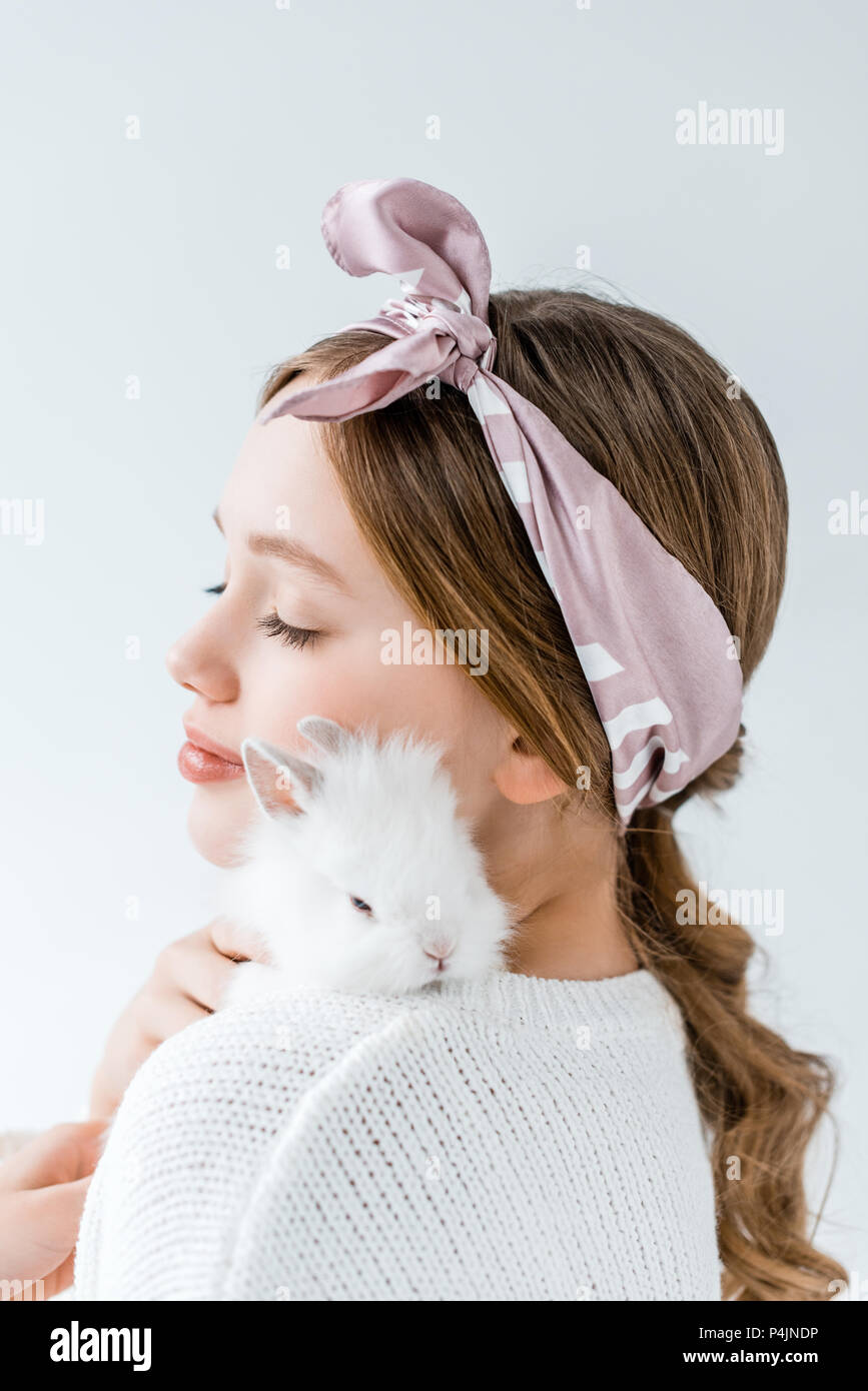 beautiful girl holding cute white rabbit isolated on white Stock Photo ...
