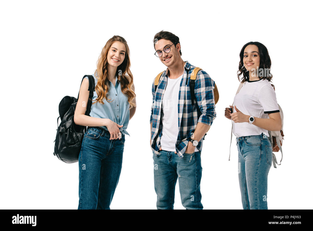 smiling multicultural students looking at camera isolated on white ...