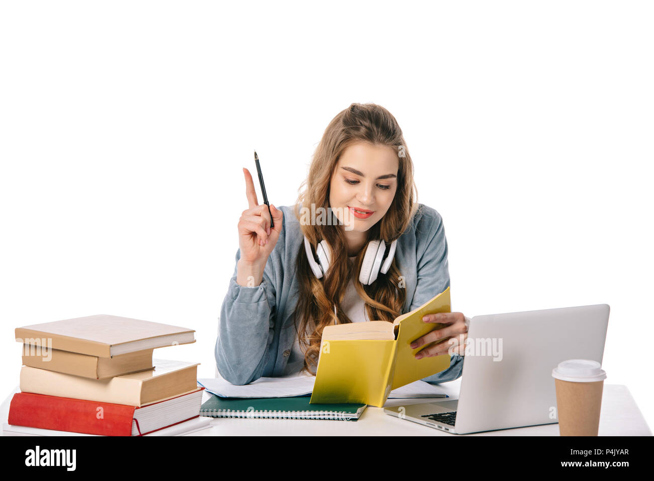 beautiful student showing idea gesture with pen isolated on white Stock ...