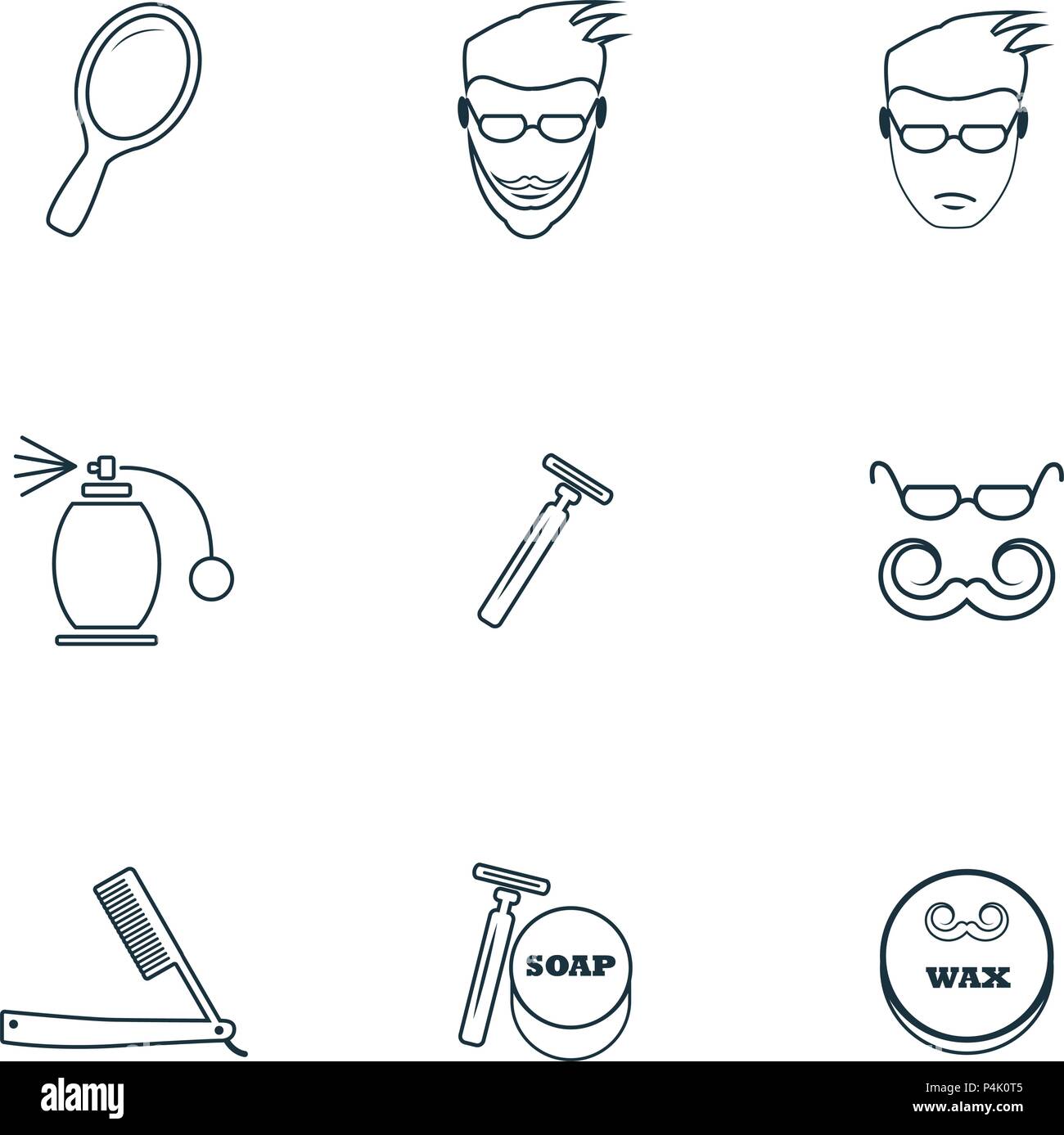 Barbershop icons set. Razor with a blade icon, spray icon, a man with a ...