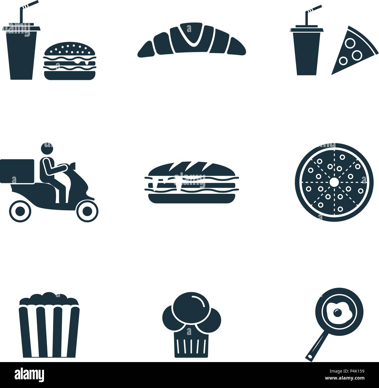 Fastfood icons set. Popcorn icon, croissant icon, pizza icon and more ...