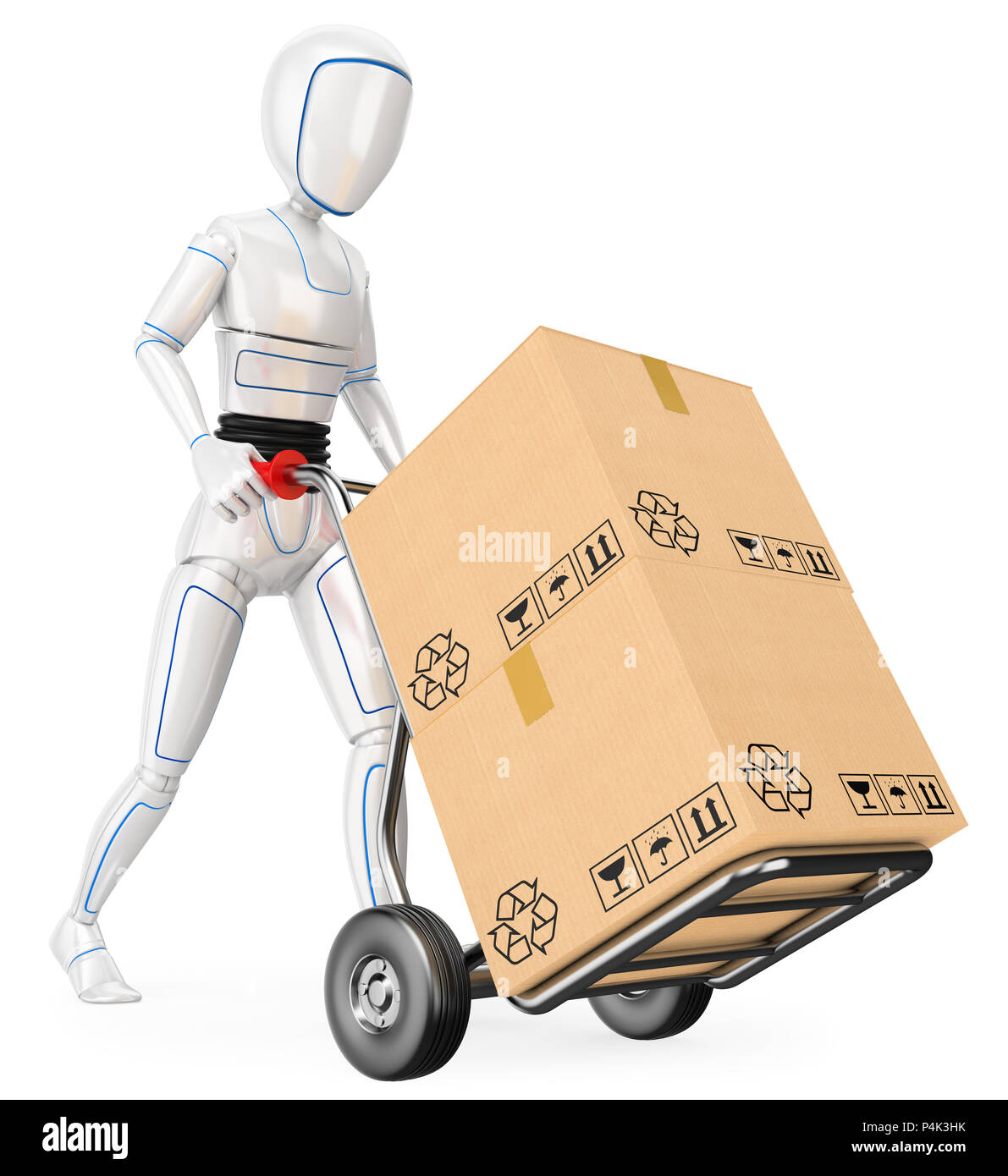 3d futuristic android illustration. Humanoid robot pushing a cart with ...