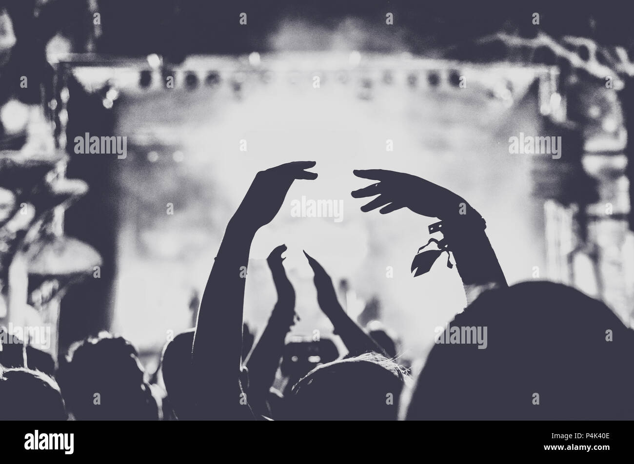 People with raised arms partying at concert. Toned image Stock Photo ...