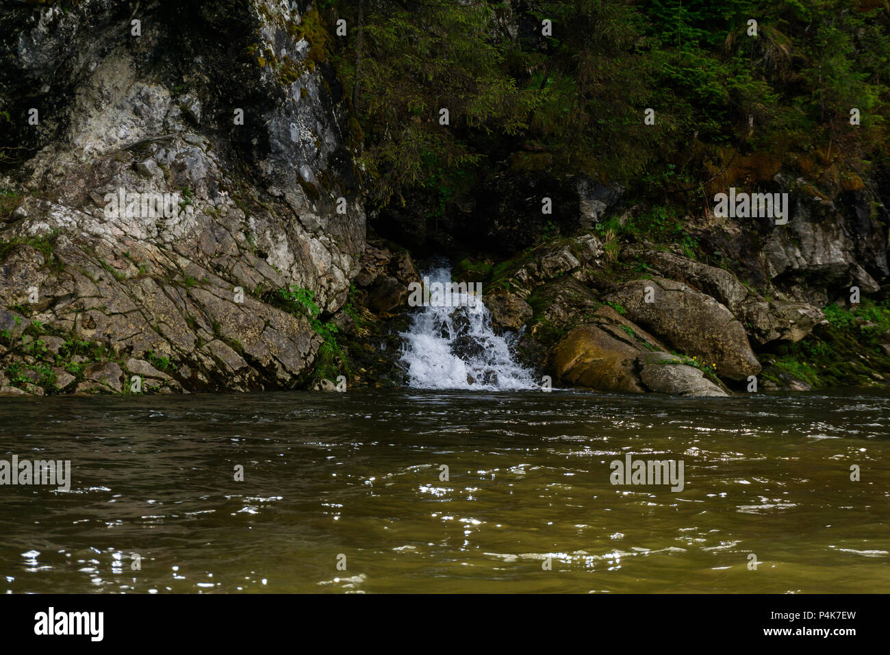 The spring follows a waterfall from the rock and flows into the river ...