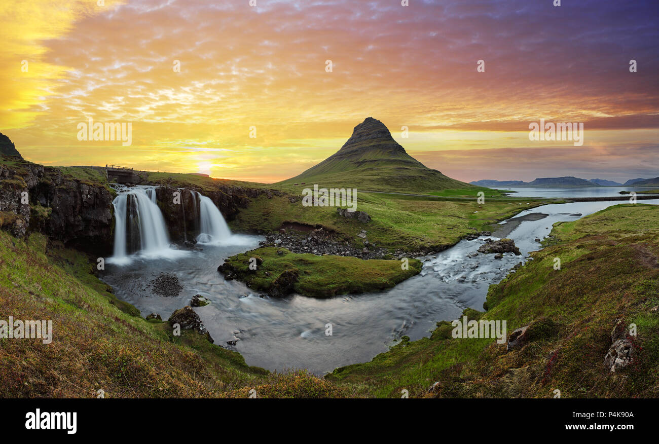Iceland landscape with volcano and waterfall Stock Photo - Alamy