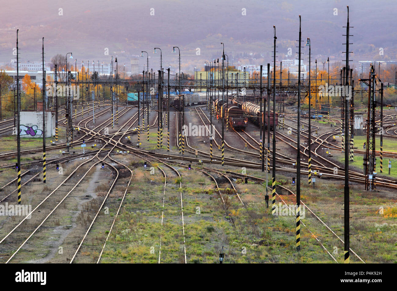 Confusing railway tracks at night Stock Photo - Alamy