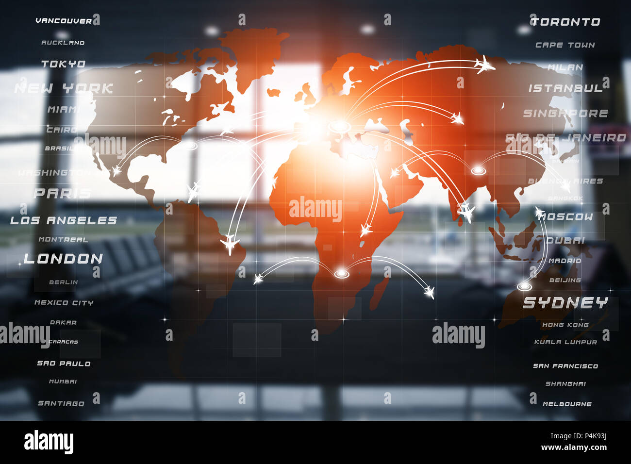 aviation business background with world city destinations on blurred ...