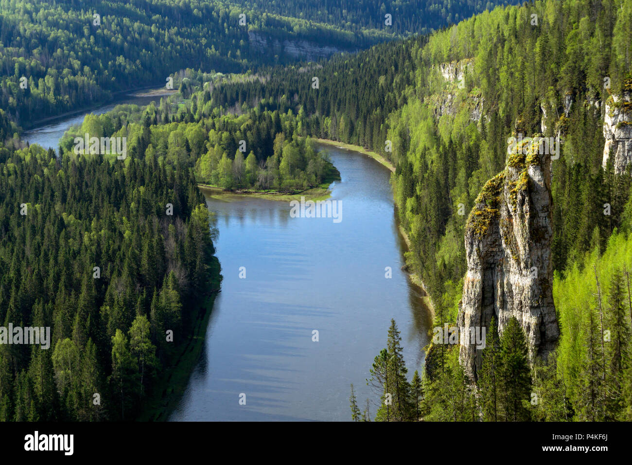 Landscape without sky - wooded canyon of the northern river with rocks ...
