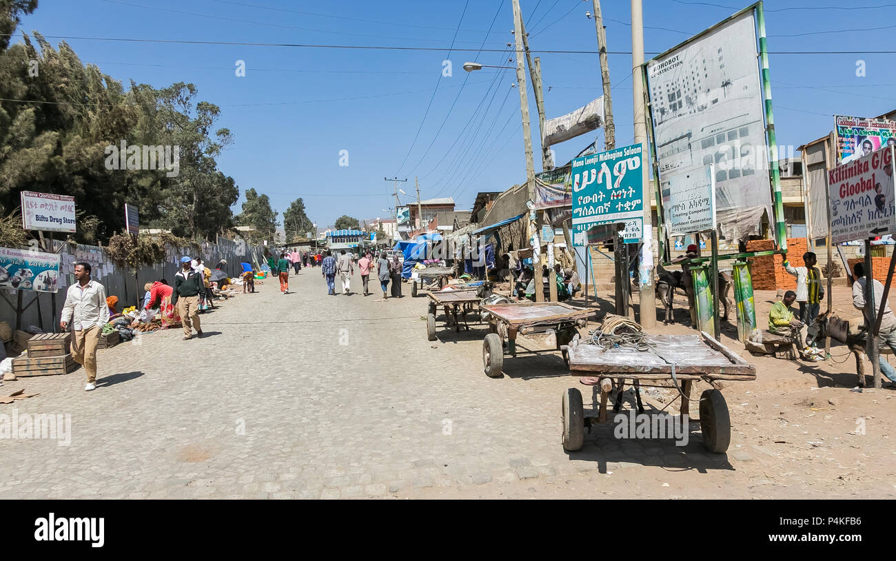Addis Ababa, Ethiopia, January 30, 2014, Donkey carts lined up on a ...