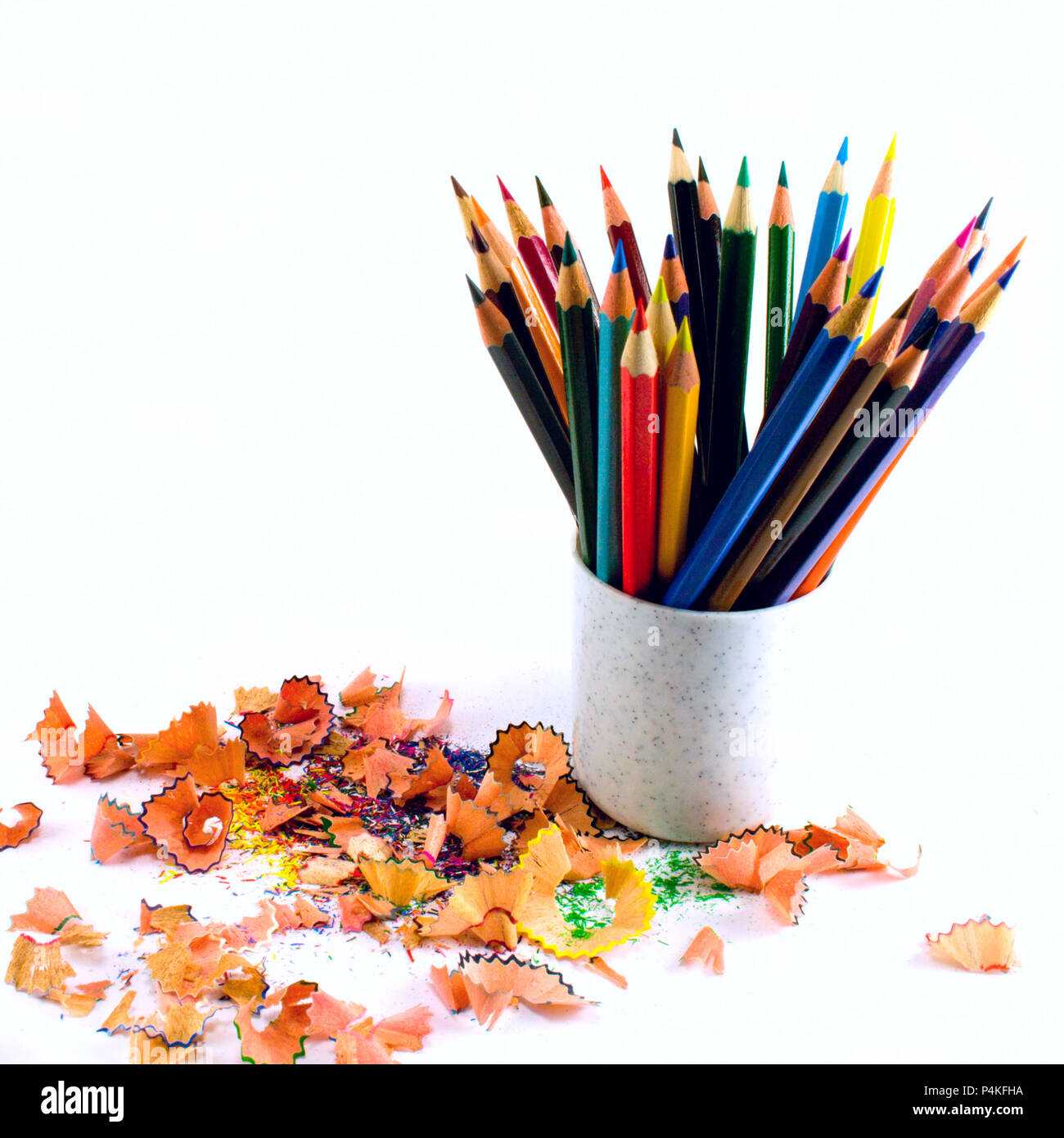 pencils in container over sawdust background Stock Photo - Alamy