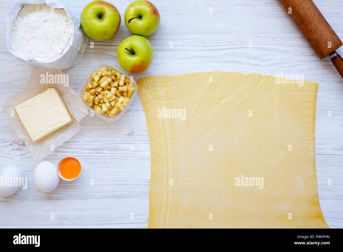 Raw ingredients for the preparation of strudel or apple pie, top view ...