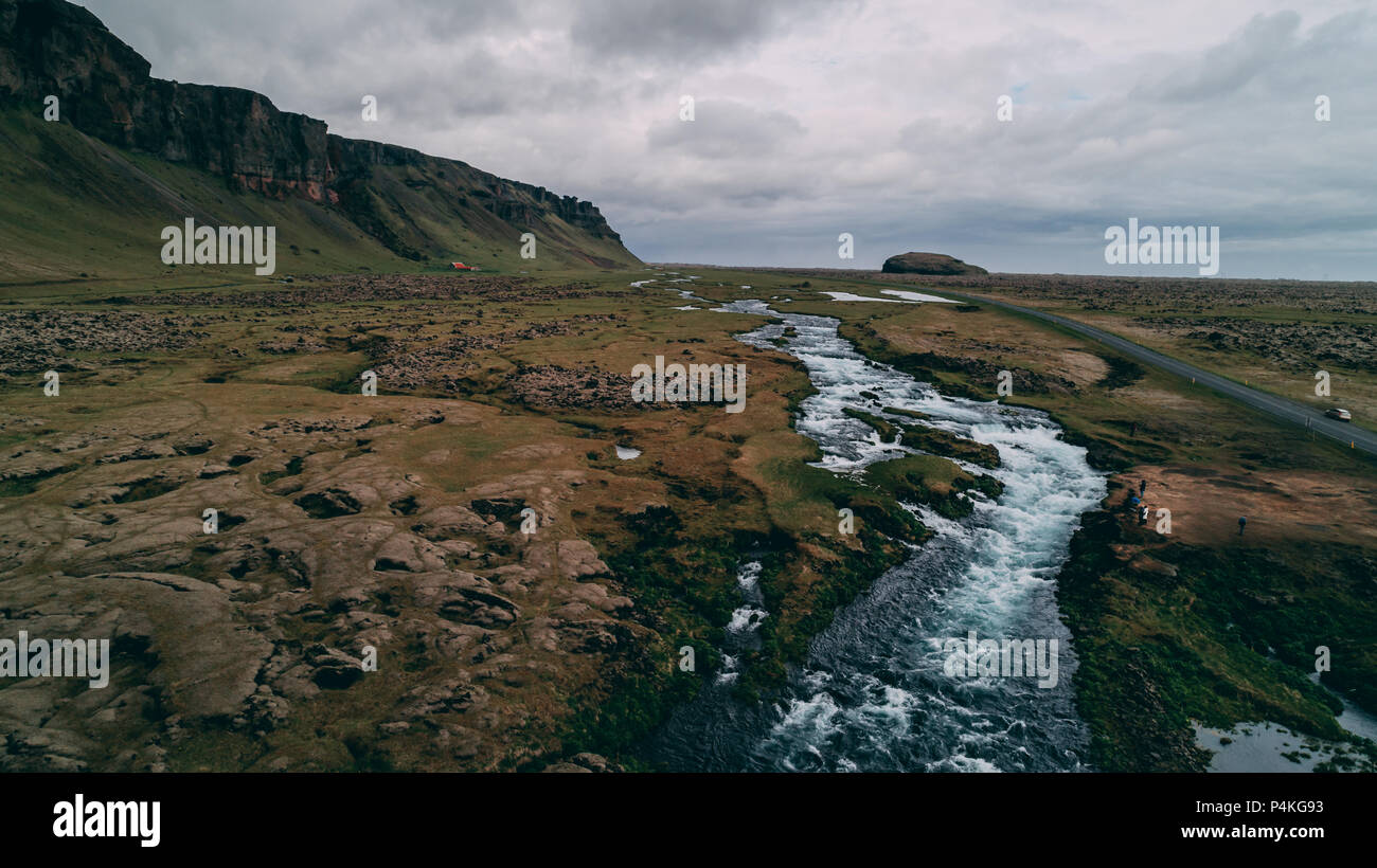 aerial view of river with big cliffs in iceland drone Stock Photo - Alamy