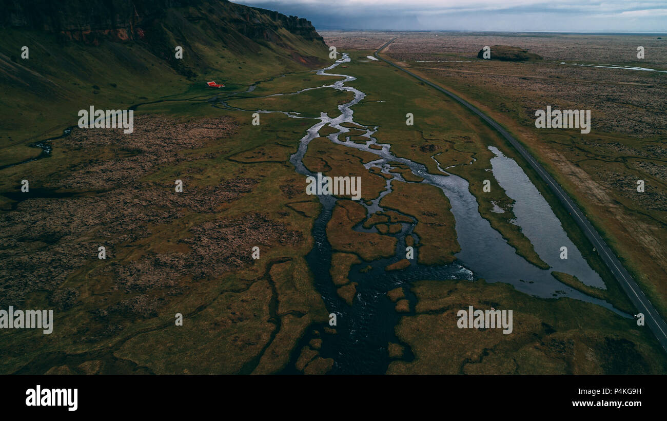 aerial view of river with big cliffs in iceland drone Stock Photo - Alamy