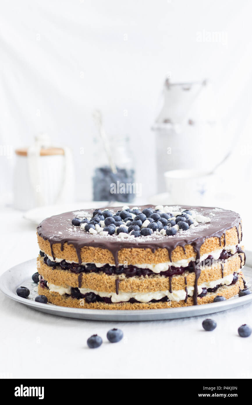 Summer cake with a nut sponge base and a blueberry cream filling Stock ...