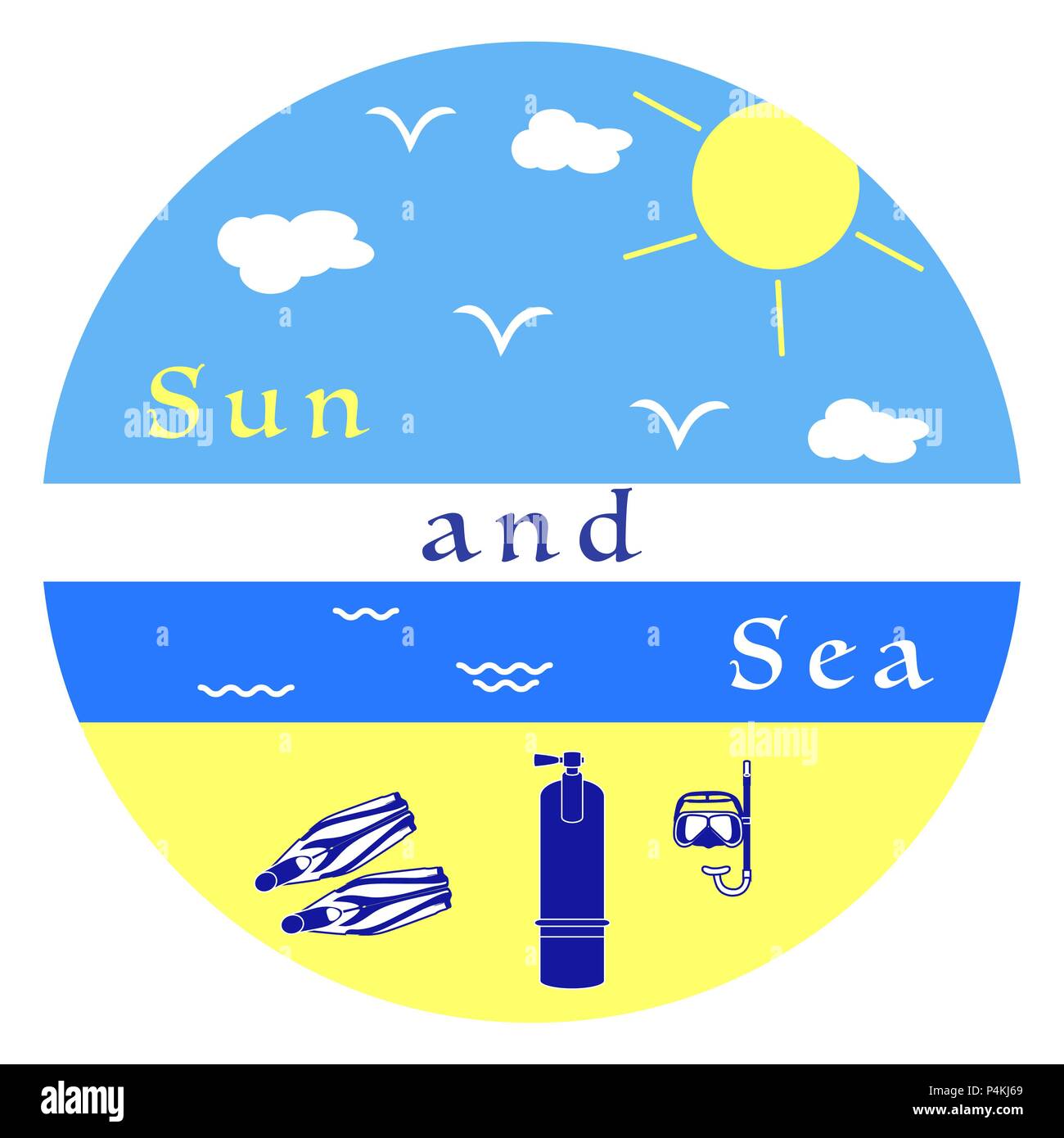 Sun, clouds, birds, sea, waves, beach, mask, tube, fins, oxygen tank ...