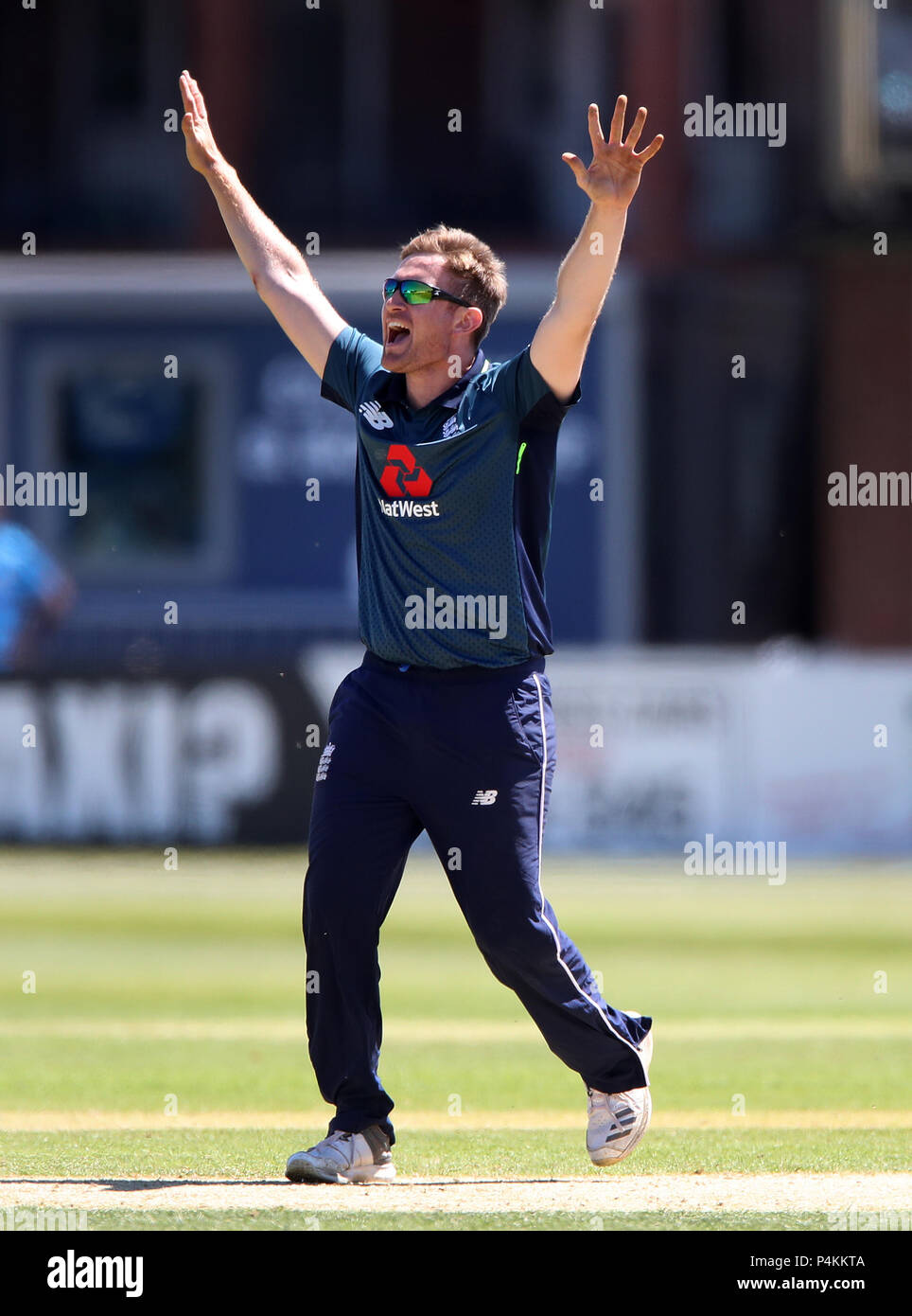 England Lions bowler Liam Dawson celebrates trapping India A batsman ...