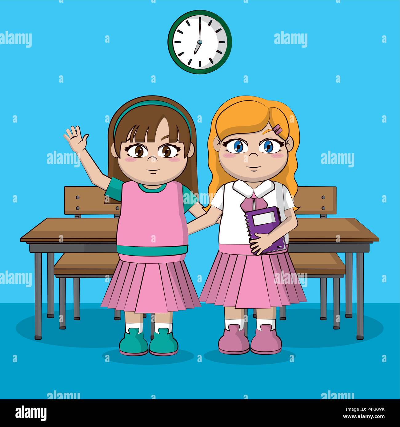 Cute students girls at classroom cartoon vector illustration graphic ...