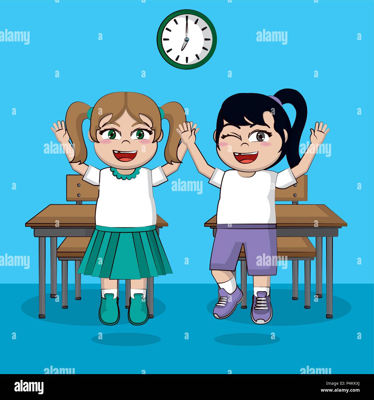Cute students girls at classroom cartoon vector illustration graphic ...