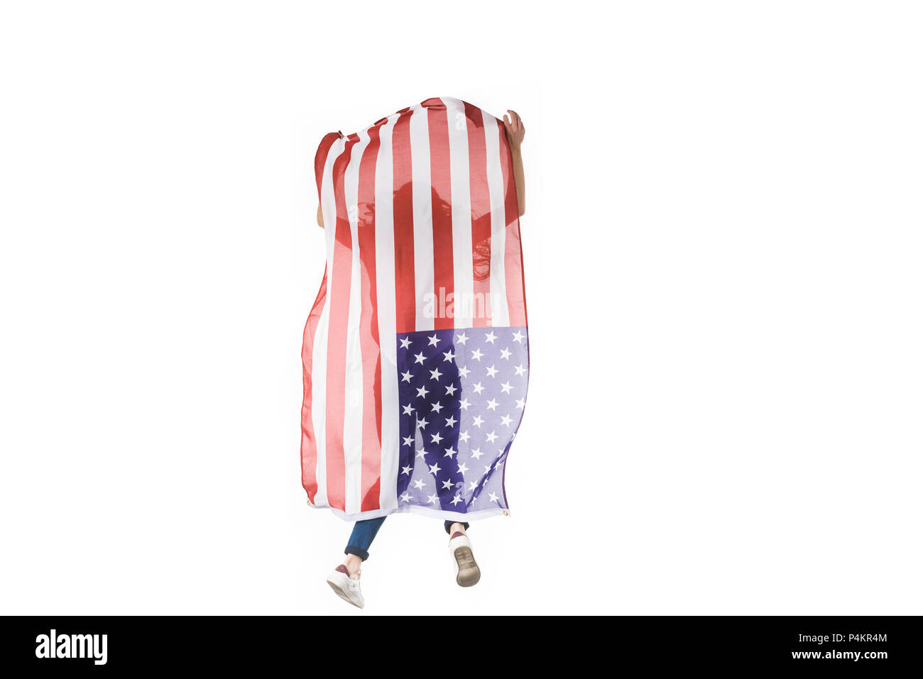 back view of girl jumping with american flag isolated on white Stock ...