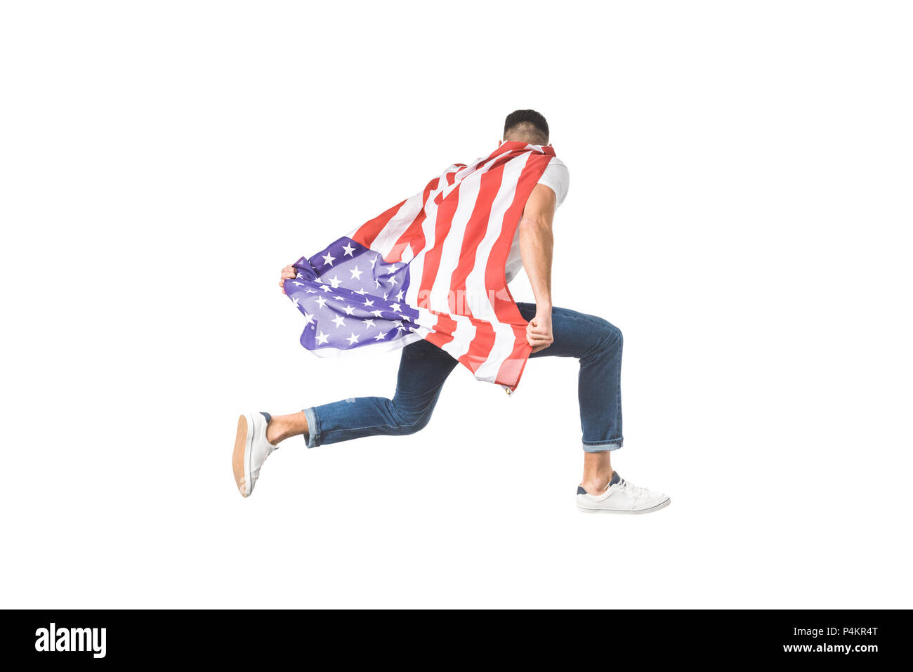 back view of young man with american flag jumping isolated on white ...