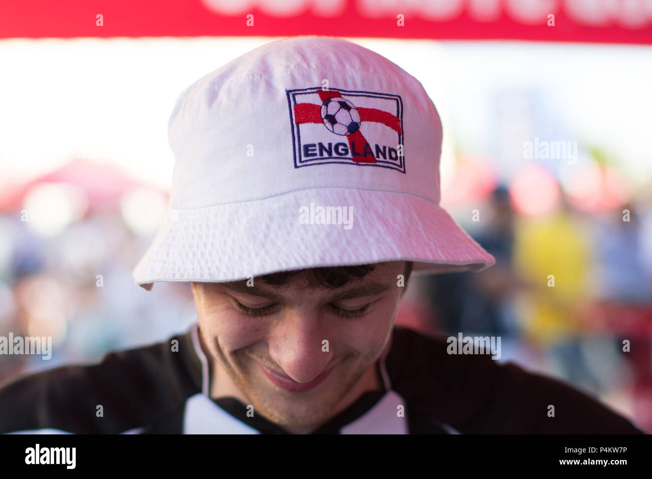 Barney Mquade 21 wears an England hat in the fan fest zone in Nizhny ...
