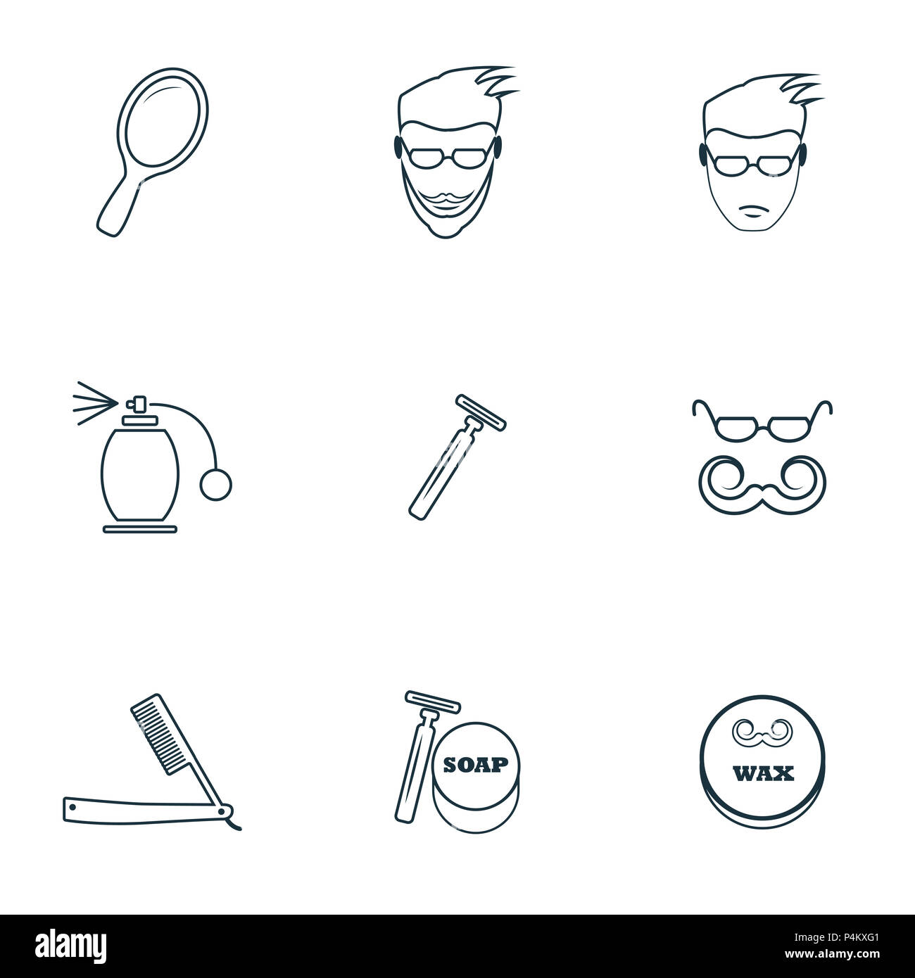 Barbershop icons set. Razor with a blade icon, spray icon, a man with a ...
