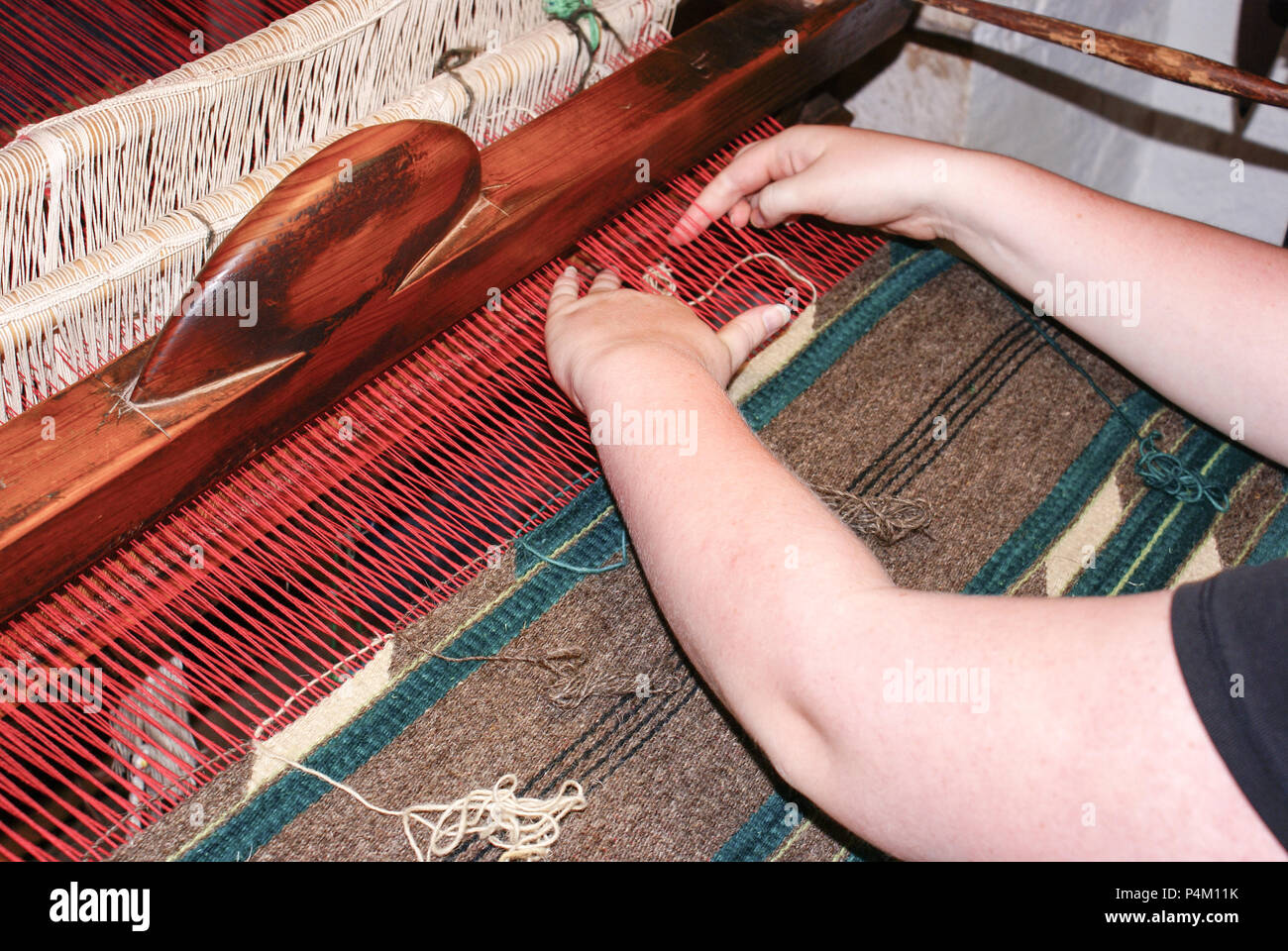 Zagorochoria, Greece, 22 July 2009. Partly woven carpet, rug on a loom ...