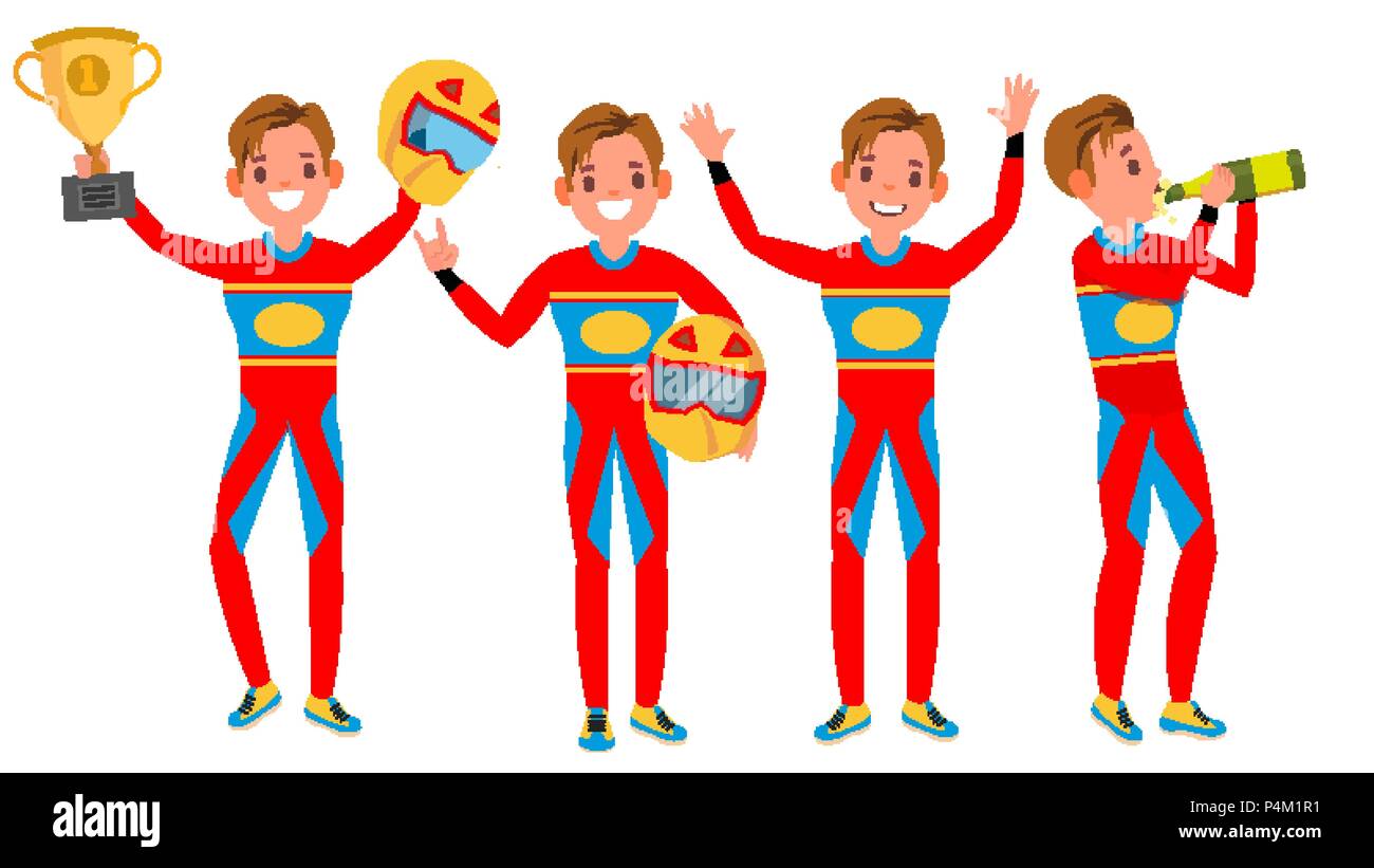 Sport Car Racer Male Vector. Red Uniform. Poses. Playing In Different ...