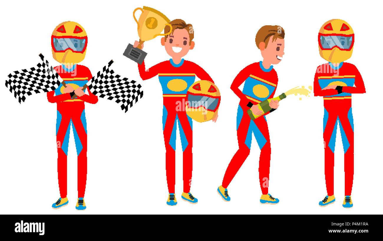 Sport Car Racer Male Vector. Racing Championship. Red Uniform. Poses ...